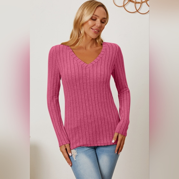 Basic Bae | Tops | Basic Bae Full Size Ribbed Vneck Long Sleeve Tshirt Top | Poshmark